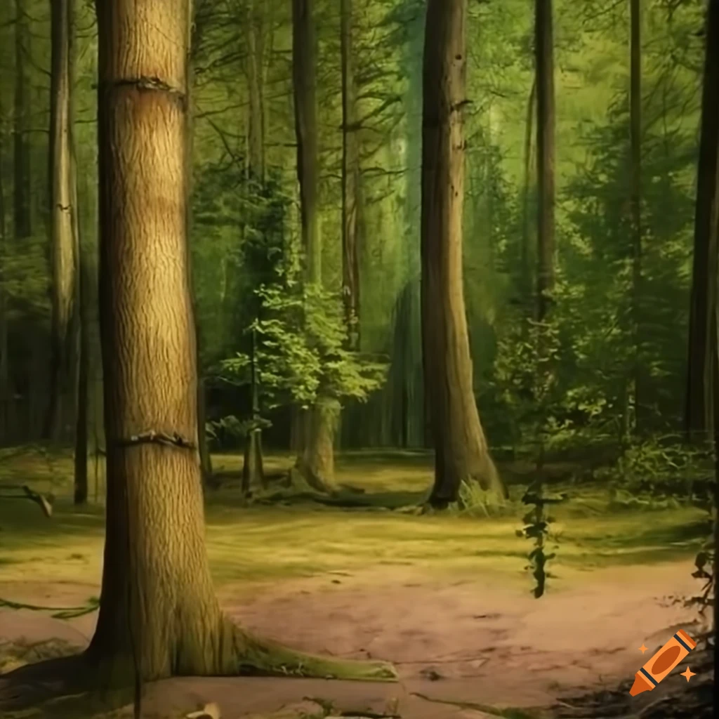 Realistic mixed forest, panoramic view into the woods on Craiyon