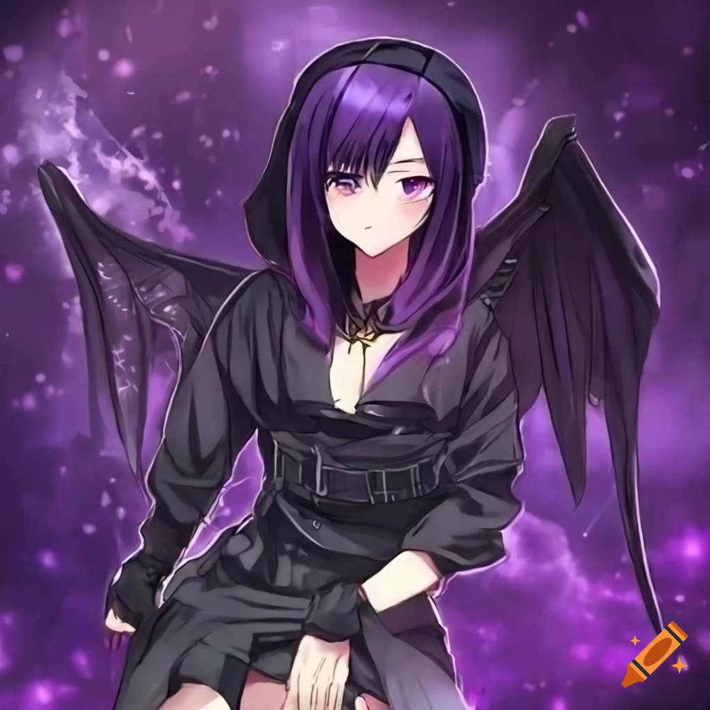 Anime character with black and purple attire and purple eyes on Craiyon