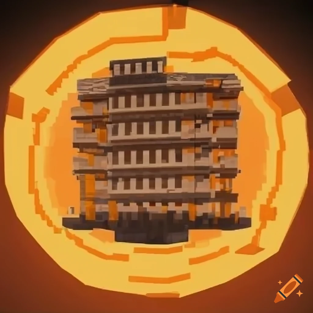 Construction logo with Minecraft building and sun circle design on Craiyon