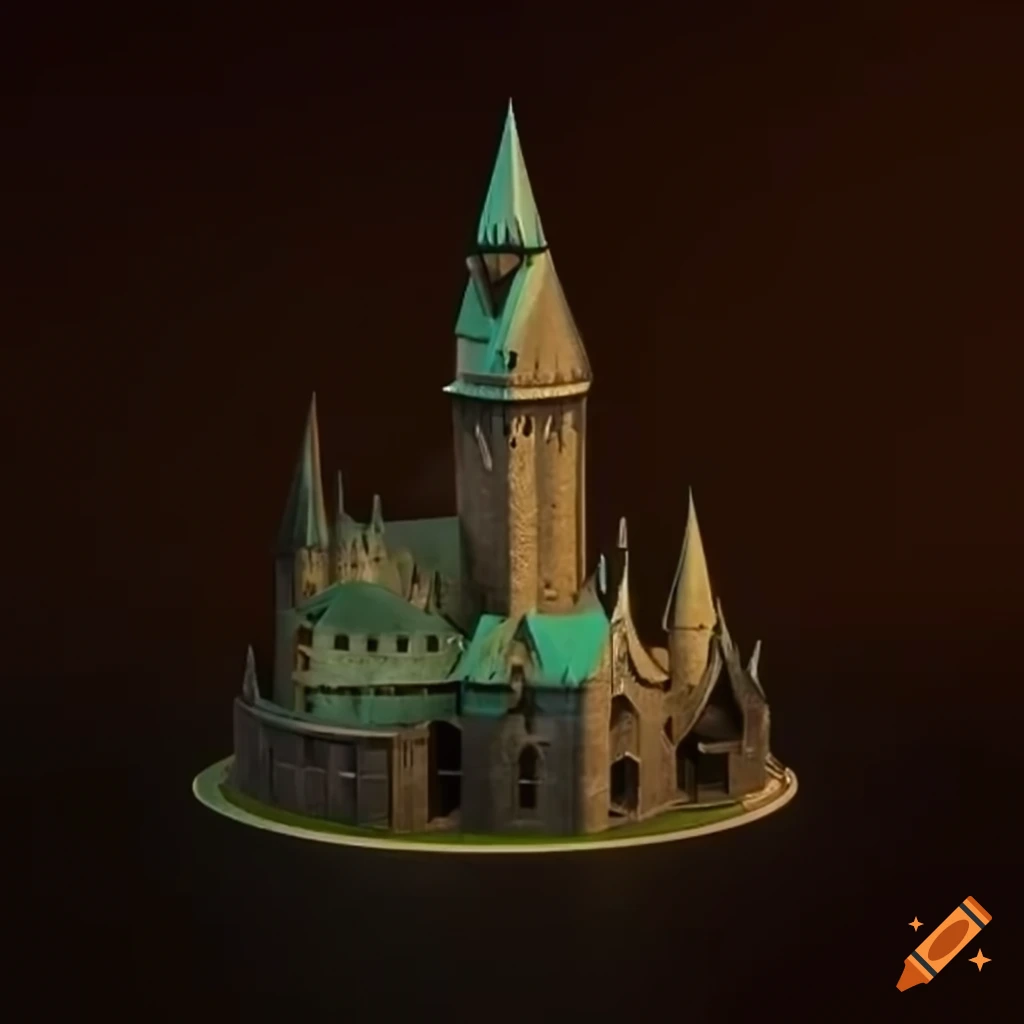 Hogwarts recreated as an isometric olive cube model on Craiyon
