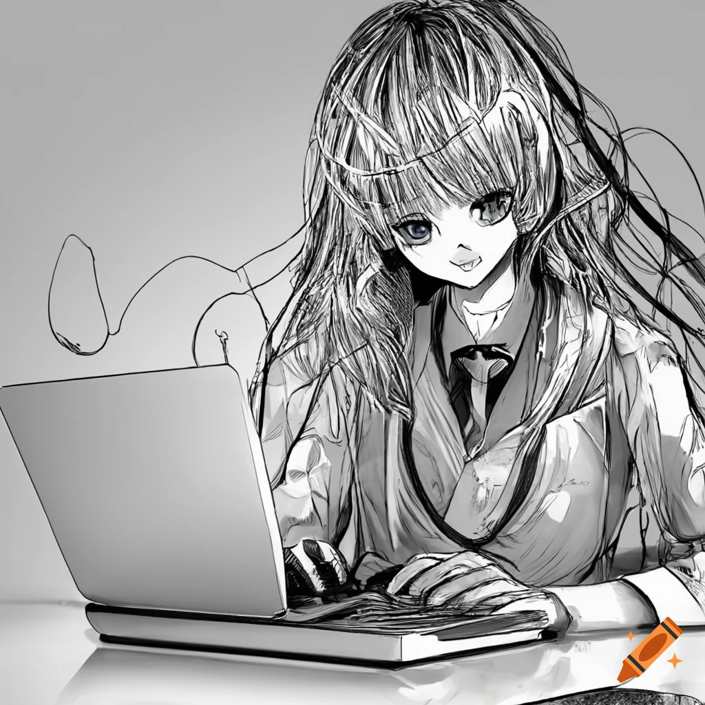 Outline manga girl sitting at desk with laptop on Craiyon
