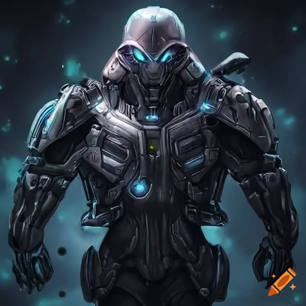 Cyborg starship captain on a dark background on Craiyon