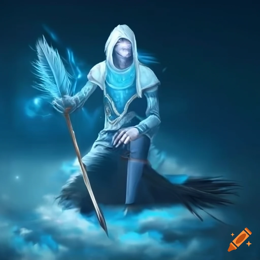 Male ice mage sitting on fluffy clouds in a light blue setting on Craiyon