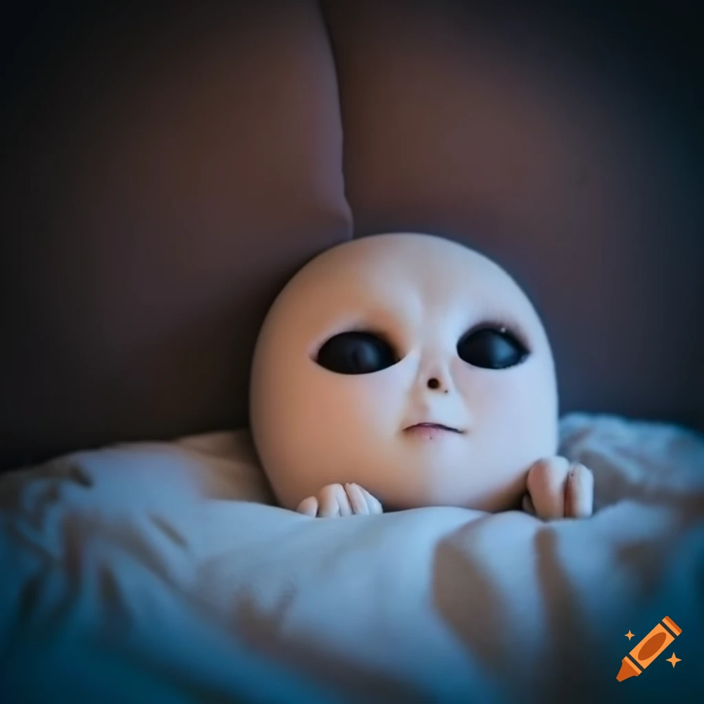 Cute alien sleeping in bed on Craiyon