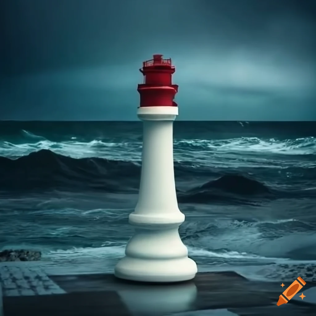 Chess king resembling a lighthouse in stormy seascape with crashing ...