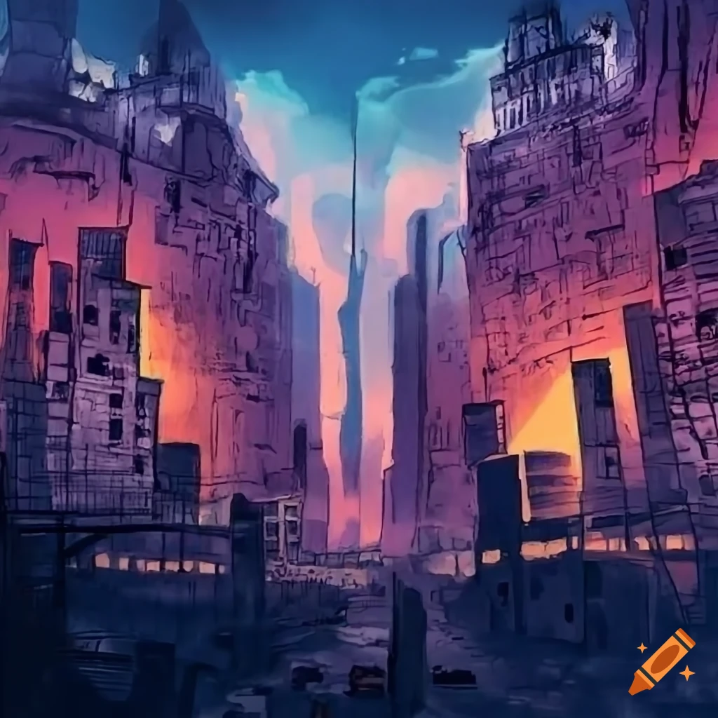 Futuristic yet rundown cityscape with tall abandoned glassy buildings on Craiyon