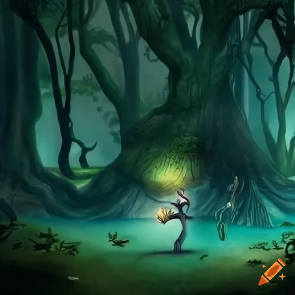 Enchanted forest scene with mythical creatures and magic elements on Craiyon