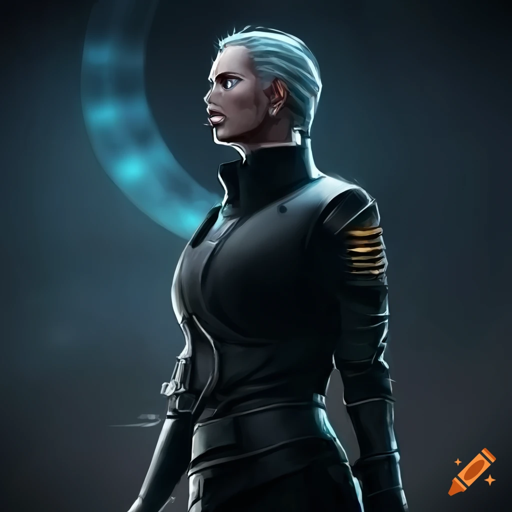 Human starship captain against a dark background on Craiyon