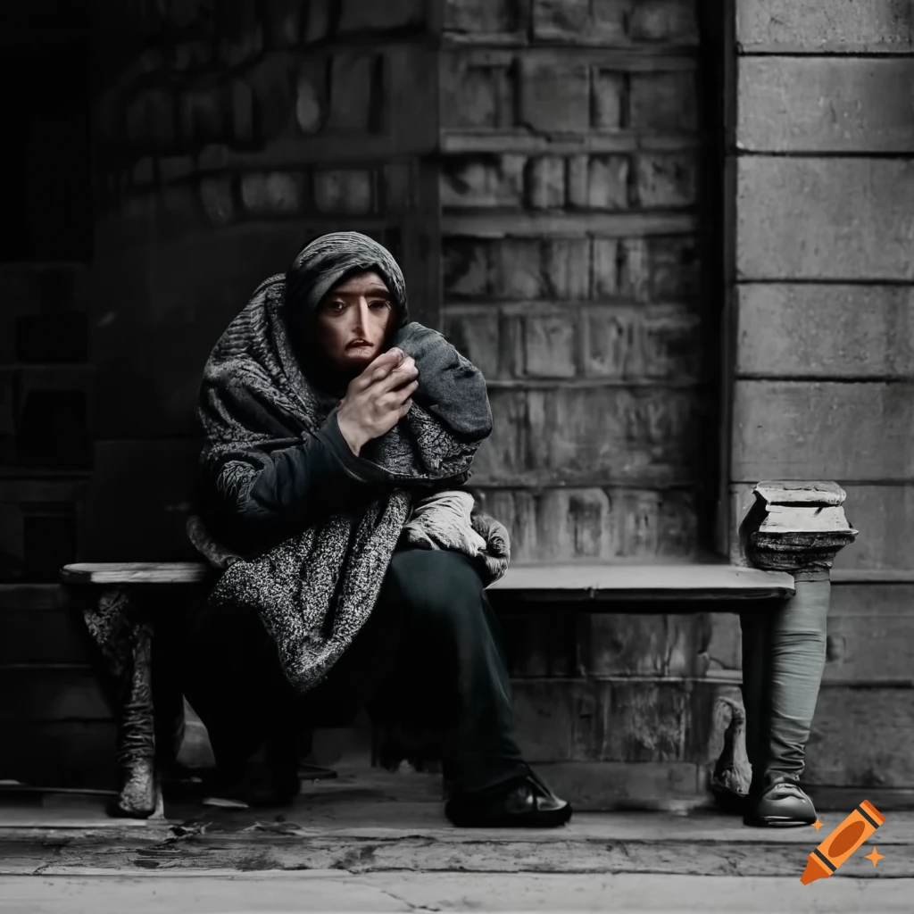 Homeless person sitting on a bench in an urban setting on Craiyon