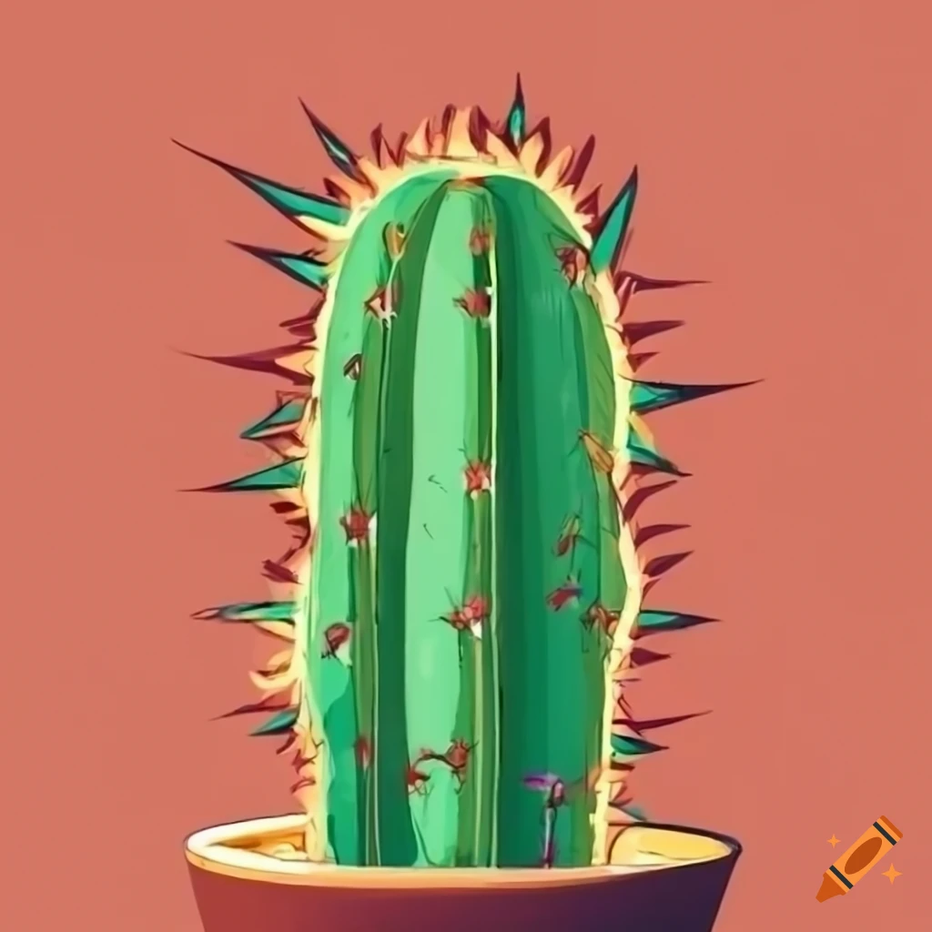 Spiny cacti full plant with an angry face in a cartoon drawing on Craiyon