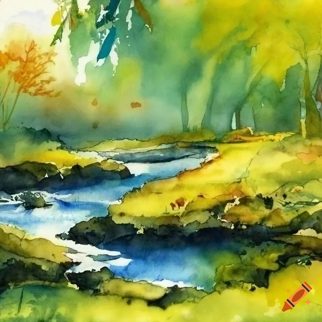 River, forest, plants, and trees in a watercolor land art painting on ...