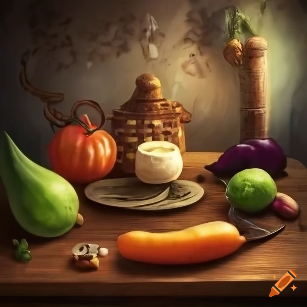 Witch's fantasy kitchen with cutting board and vegetables on Craiyon
