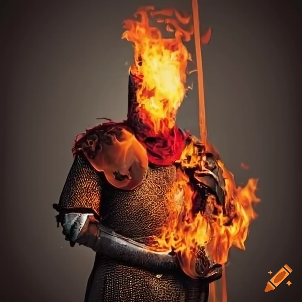 Burning armored medieval knight with glowing red eyes on Craiyon
