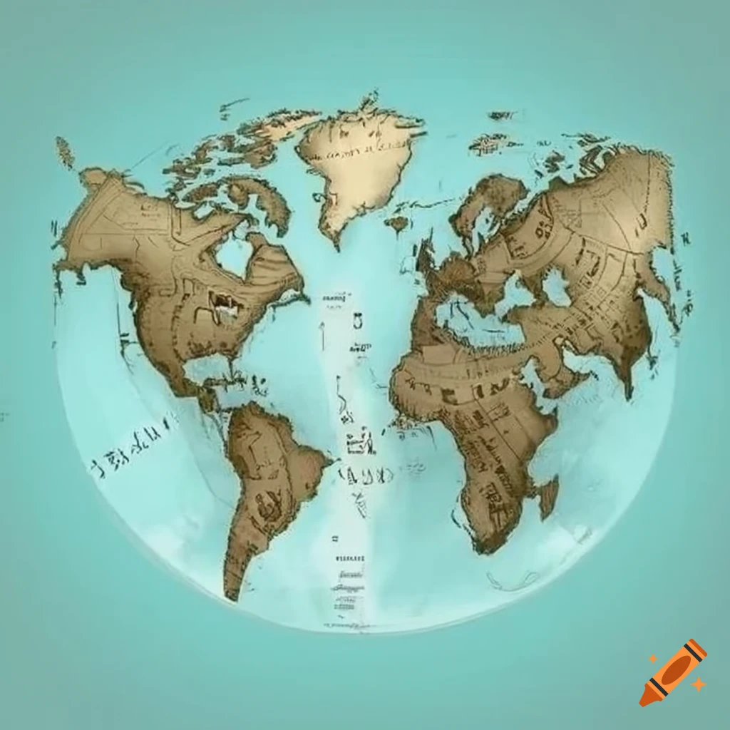 Detailed world map with fictional continents and myths on Craiyon