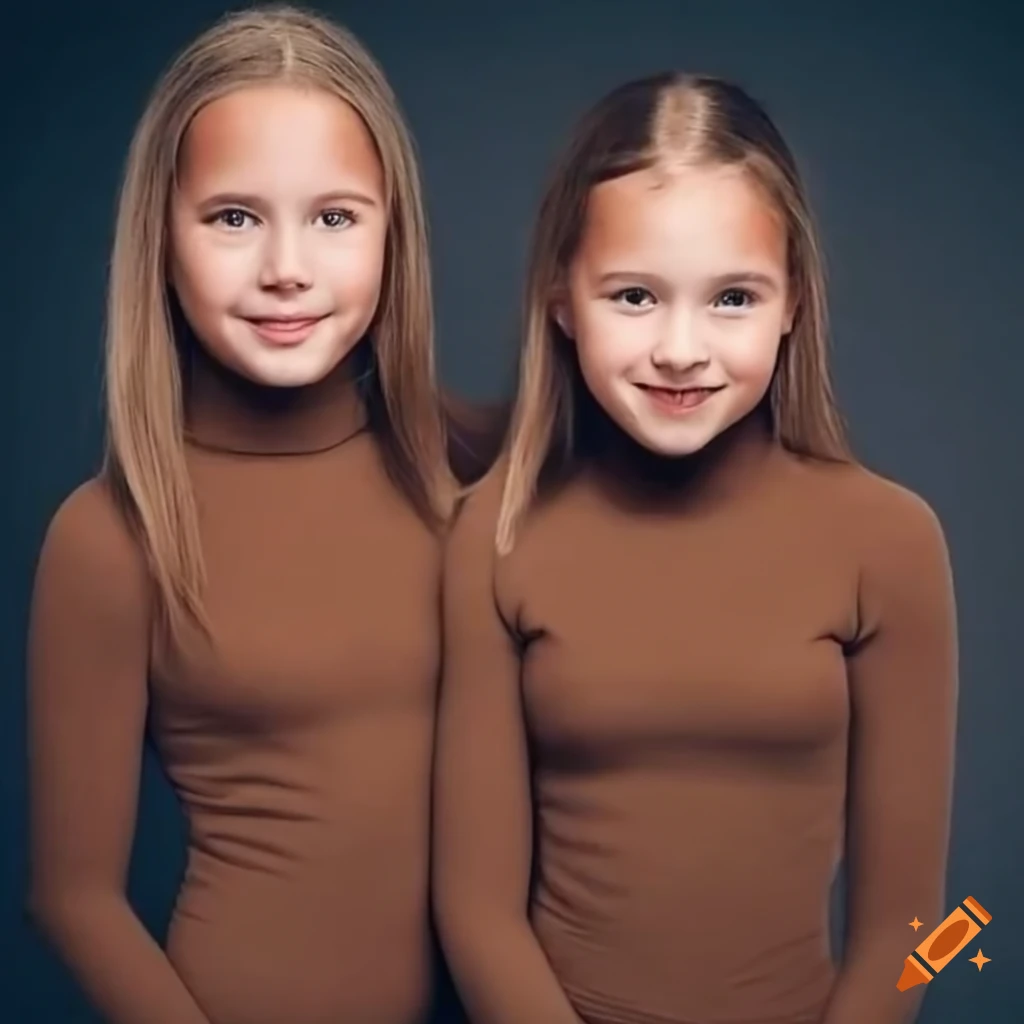 Two tween age twin sisters in brown turtlenecks on Craiyon