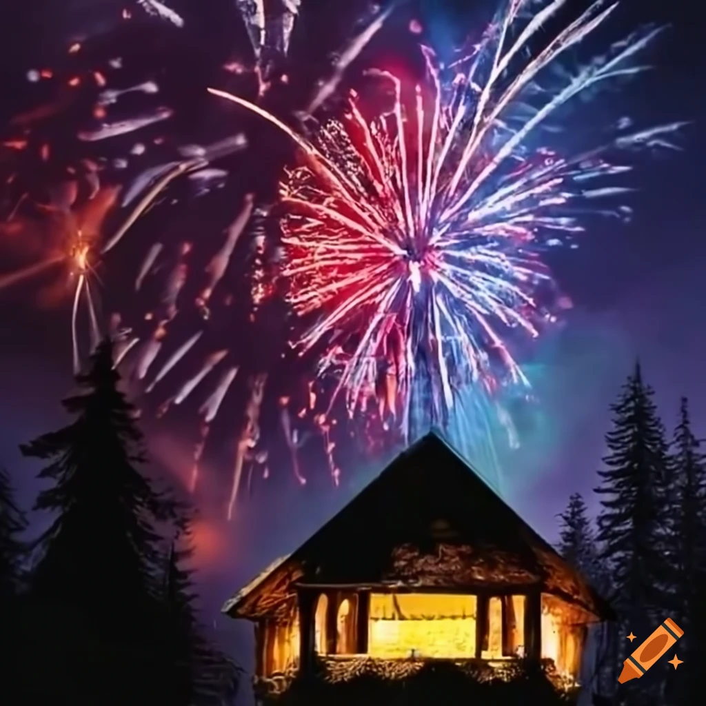 Campfire with fireworks in the forest and a witch's house on Craiyon