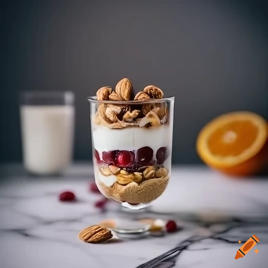 Breakfast parfait on marble counter with maple walnuts, salted almonds ...