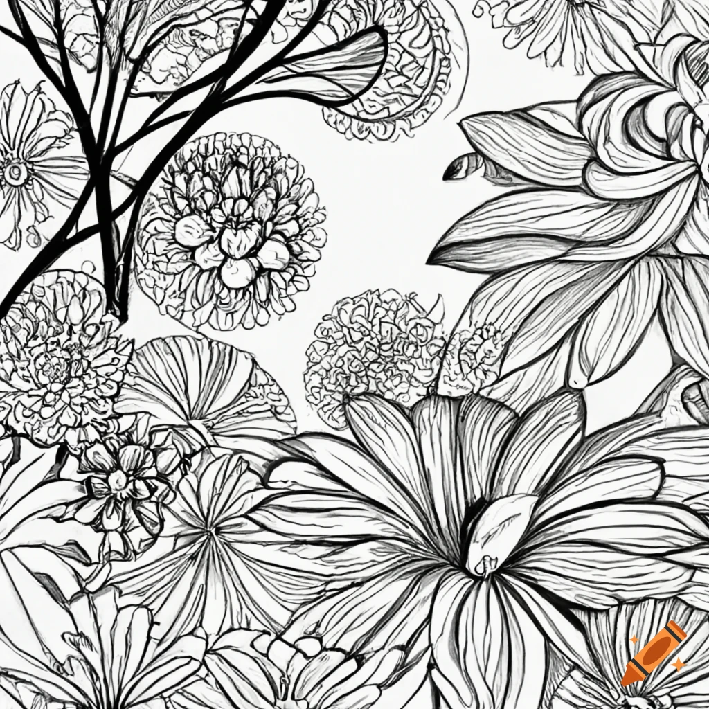 Nature-themed coloring template with blooming flowers and gentle ...