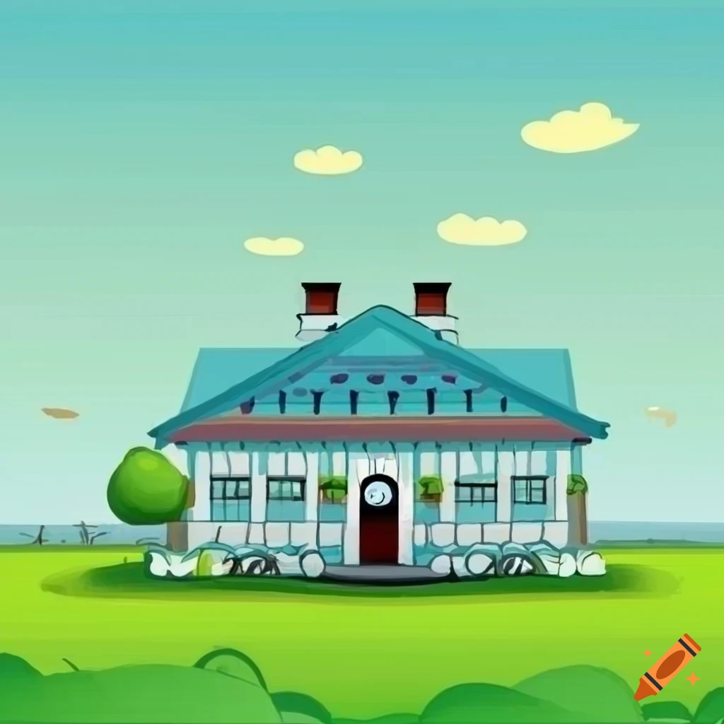 Colorful cartoon illustration of a white house with veranda surrounded ...