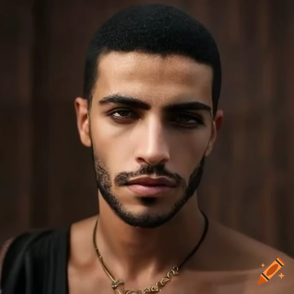 Handsome man of algerian origin with deep brown eyes and black hair wearing a gold chain on Craiyon