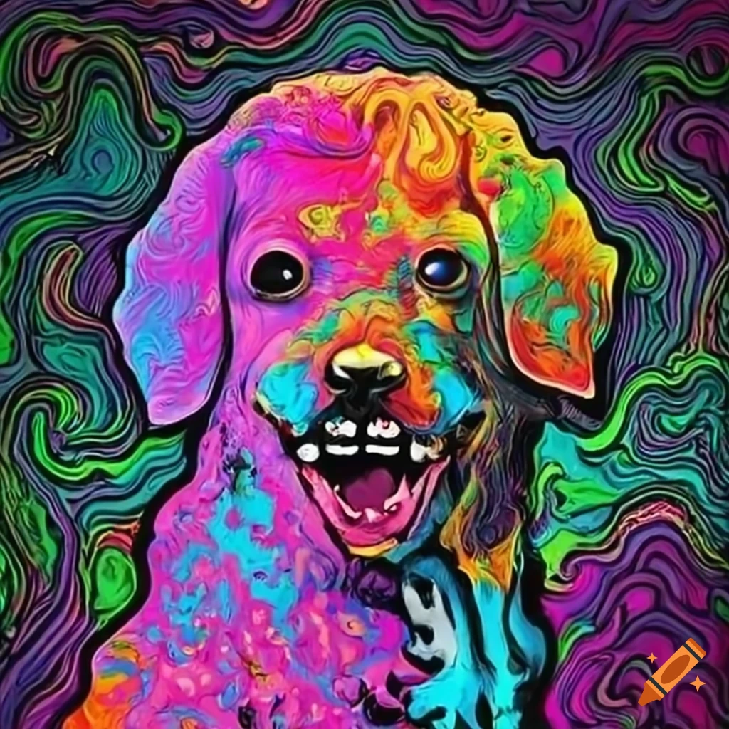 Psychedelic dog surfing on a giant cigarette on Craiyon