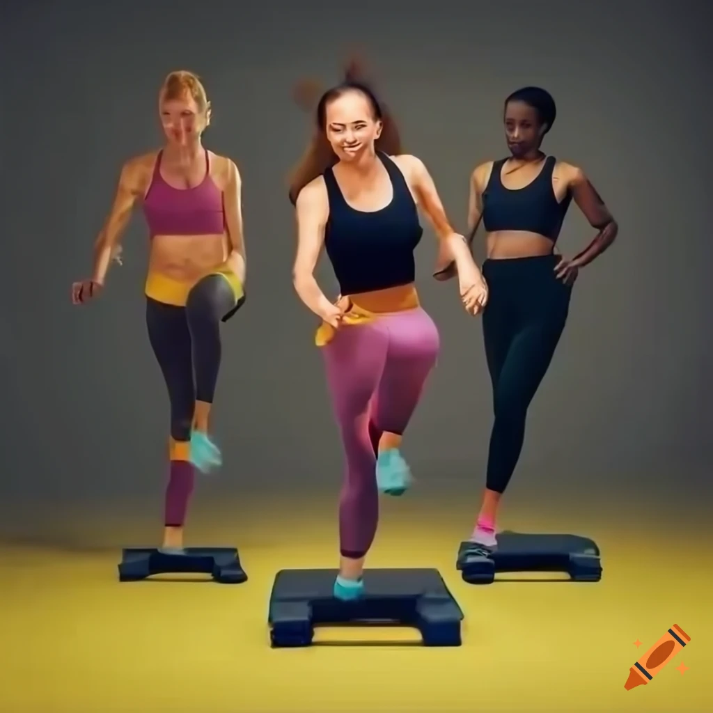 Diverse group in a fitness class doing step aerobics on Craiyon