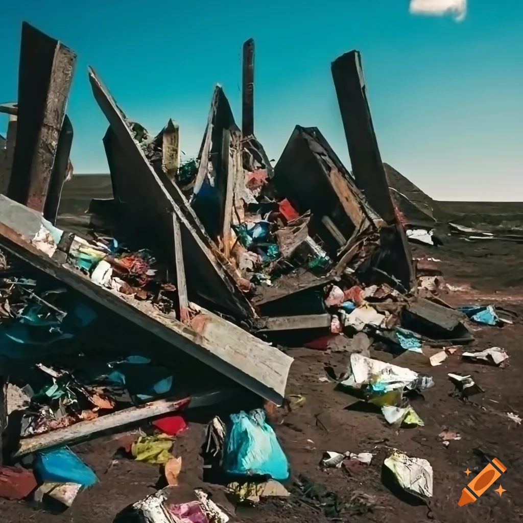 Destroyed altar in a post-apocalyptic landscape under a soft colored ...