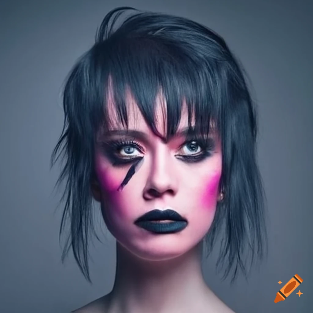 Black haired singer with pink makeup and unique hairstyle on Craiyon
