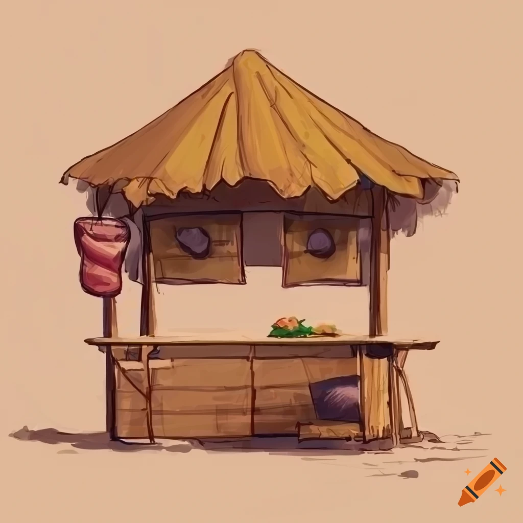 Bahay-kubo style food stand selling turon in a 2D sketch on Craiyon
