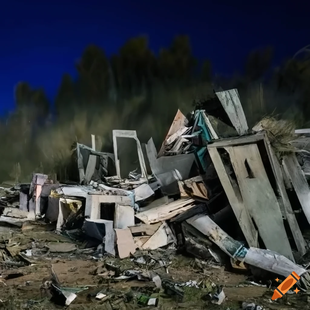 Destroyed altar in a post-apocalyptic junk garbage landscape under soft ...