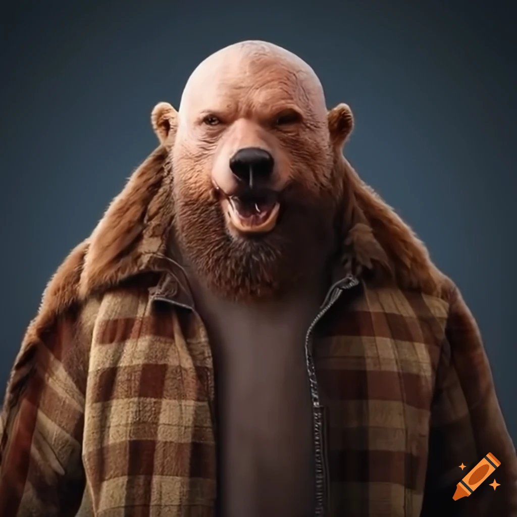 Bald bearded man in flannel riding a brown bear on Craiyon