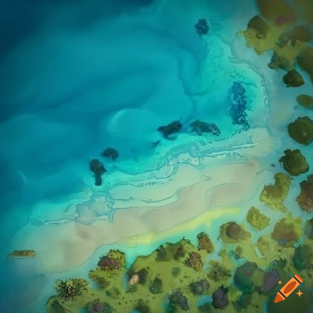 Ocean and swampy beach seen from above for an rpg map on Craiyon