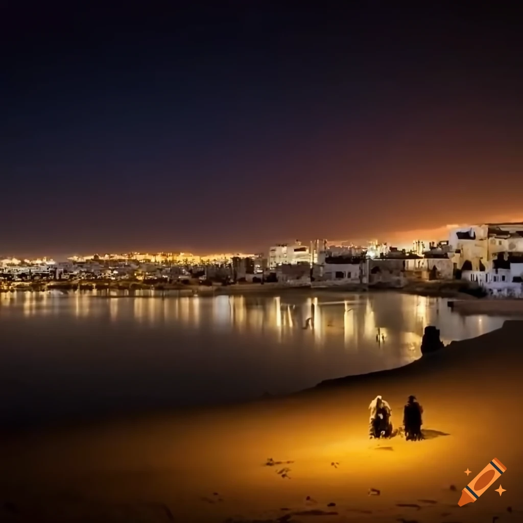 Desert seaside town in Morocco at night on Craiyon