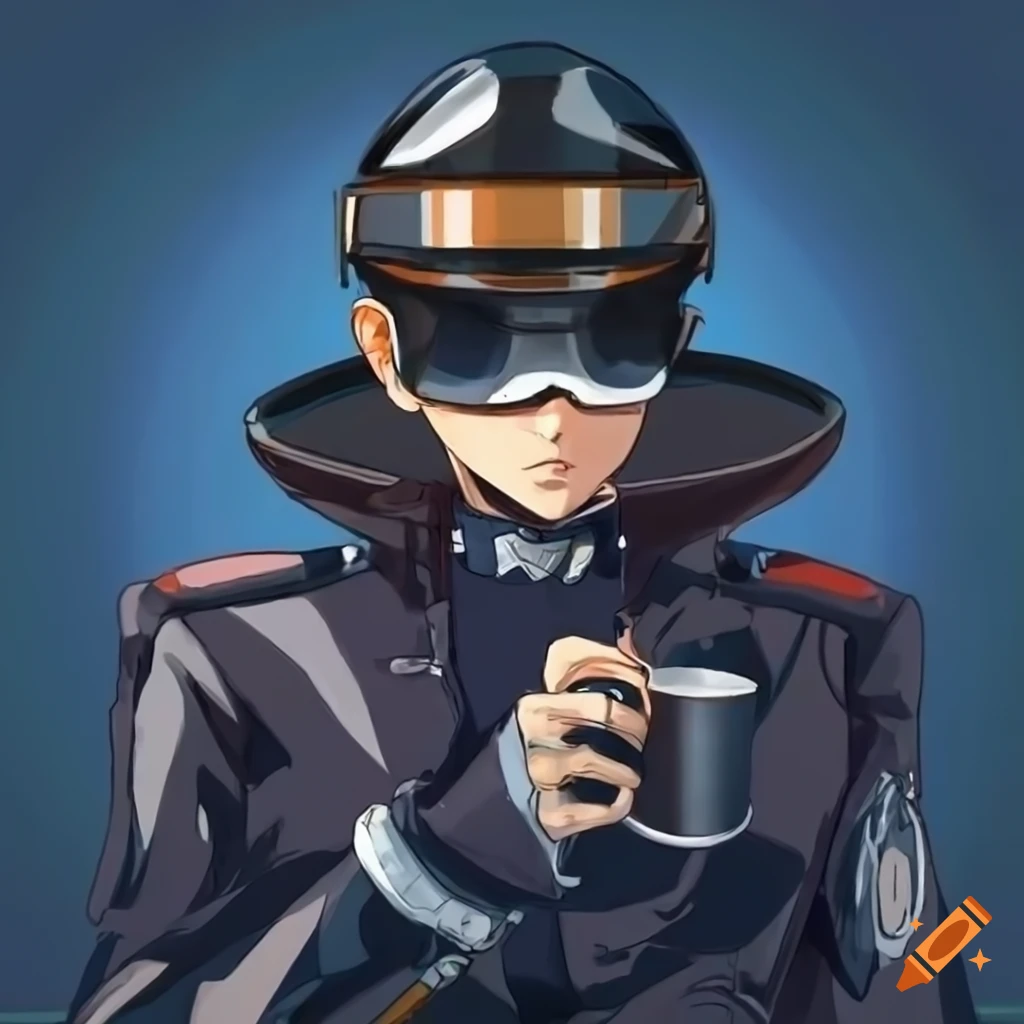 Anime motorcyclist cop with a helmet holding a cup of coffee on Craiyon
