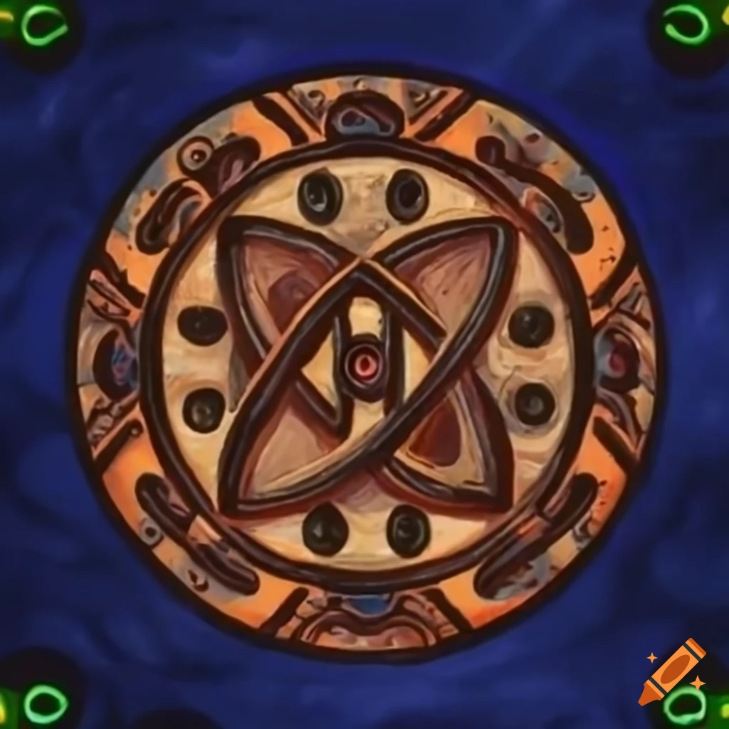 Sorcerer's knot symbol intricately carved in Maya glyph style on Craiyon