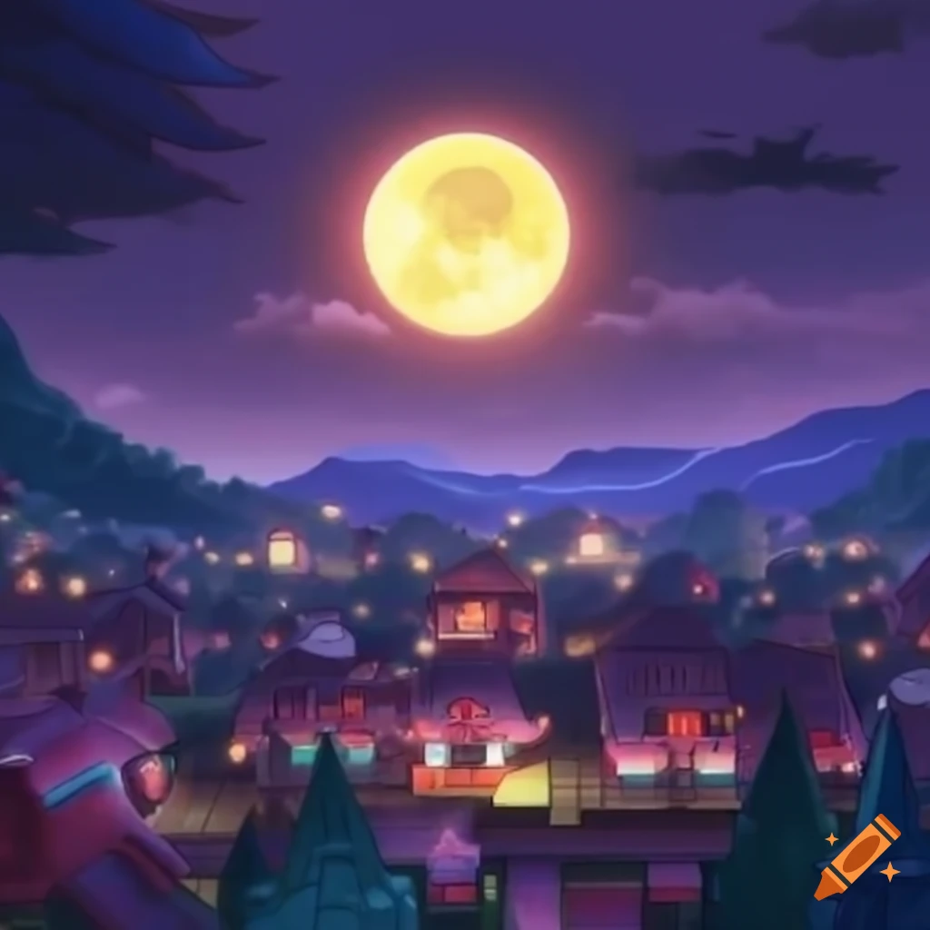 Pokemon town at night with a full moon on Craiyon