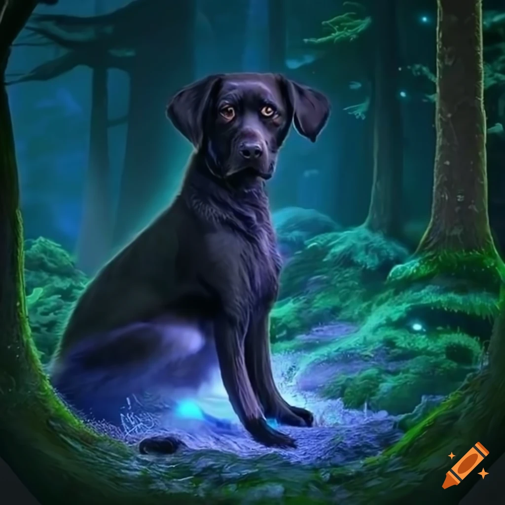Majestic Black Labrador in enchanted forest under moonlight on Craiyon