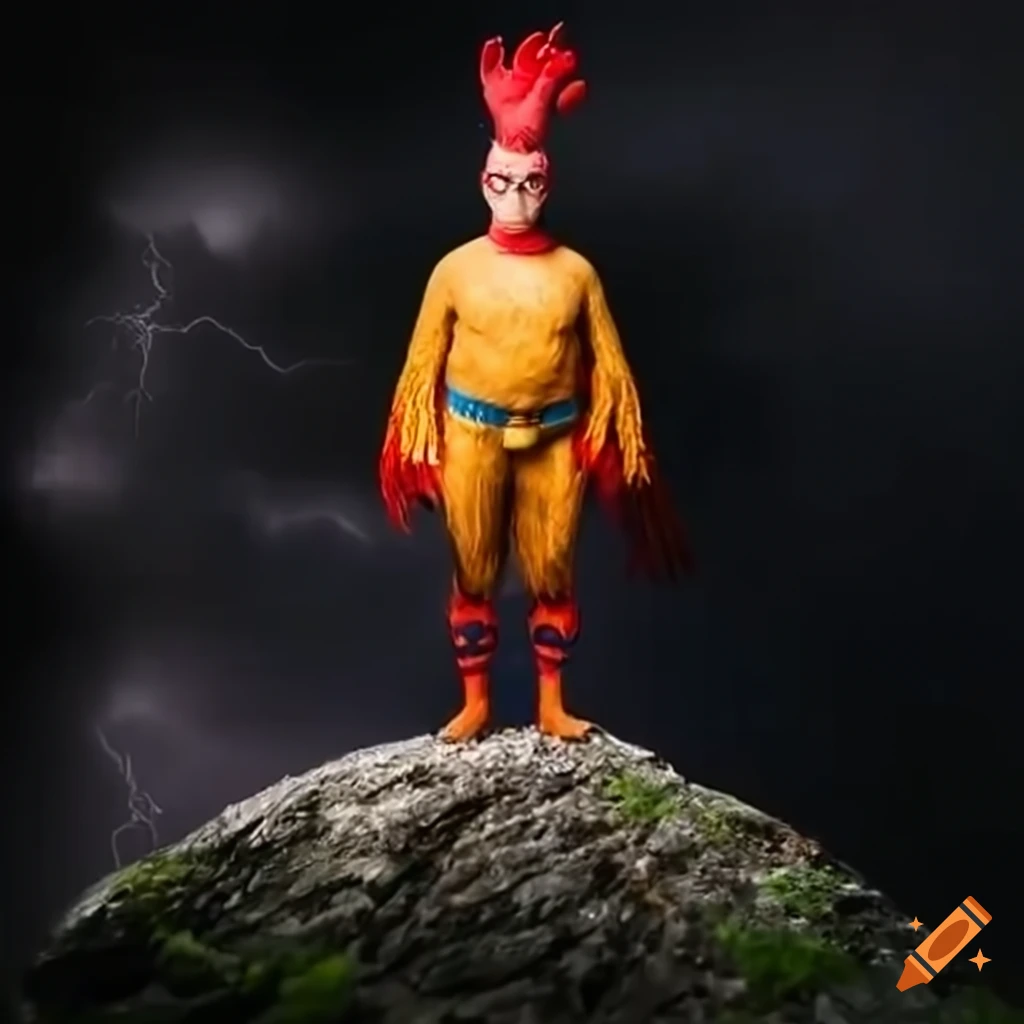 Chicken Superhero on mountain with lightning on Craiyon