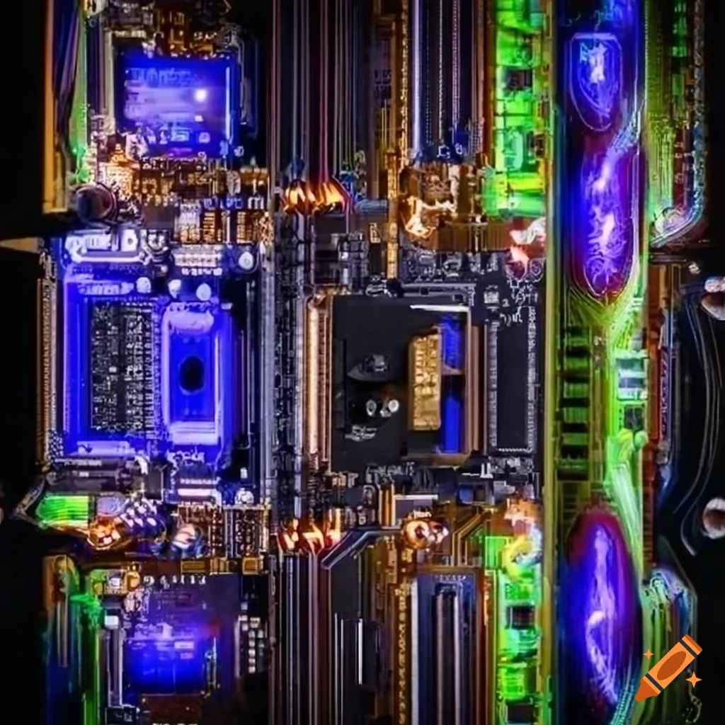 Biopunk motherboard with mushrooms integrating technology and nature on ...