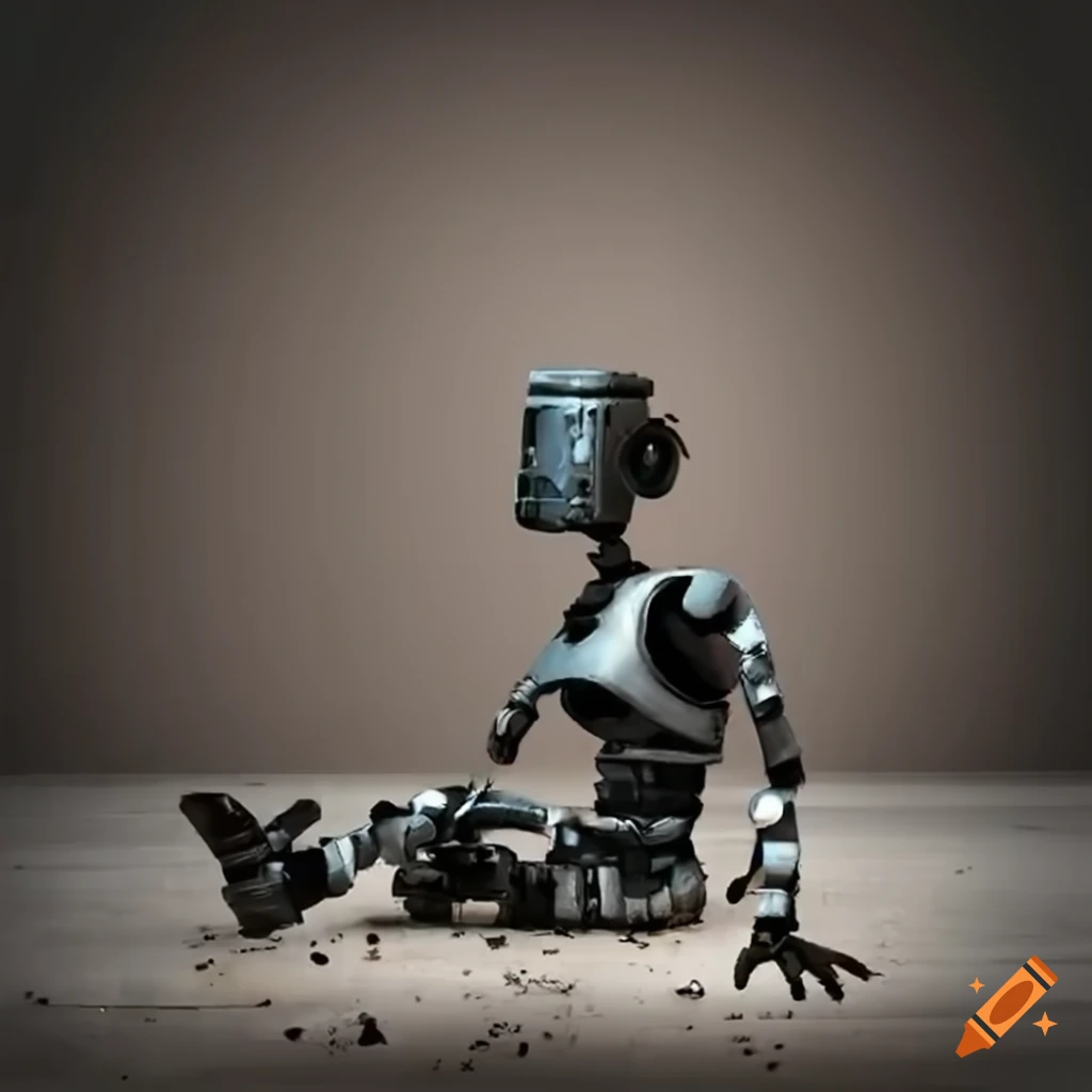 Broken robot resting against a wall on Craiyon