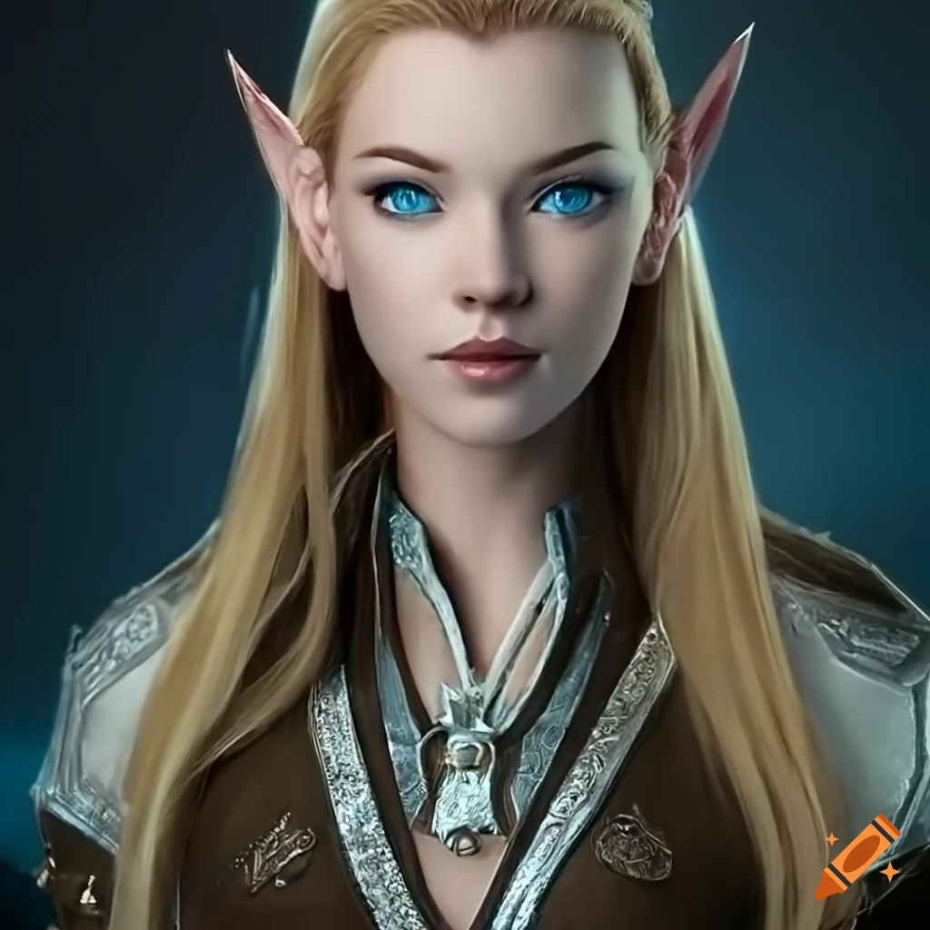 Elegant female elf with blonde hair and blue eyes in a fantasy setting ...