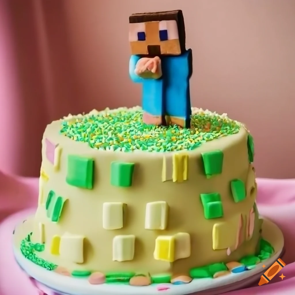 Birthday cake with a minecraft character topper on Craiyon