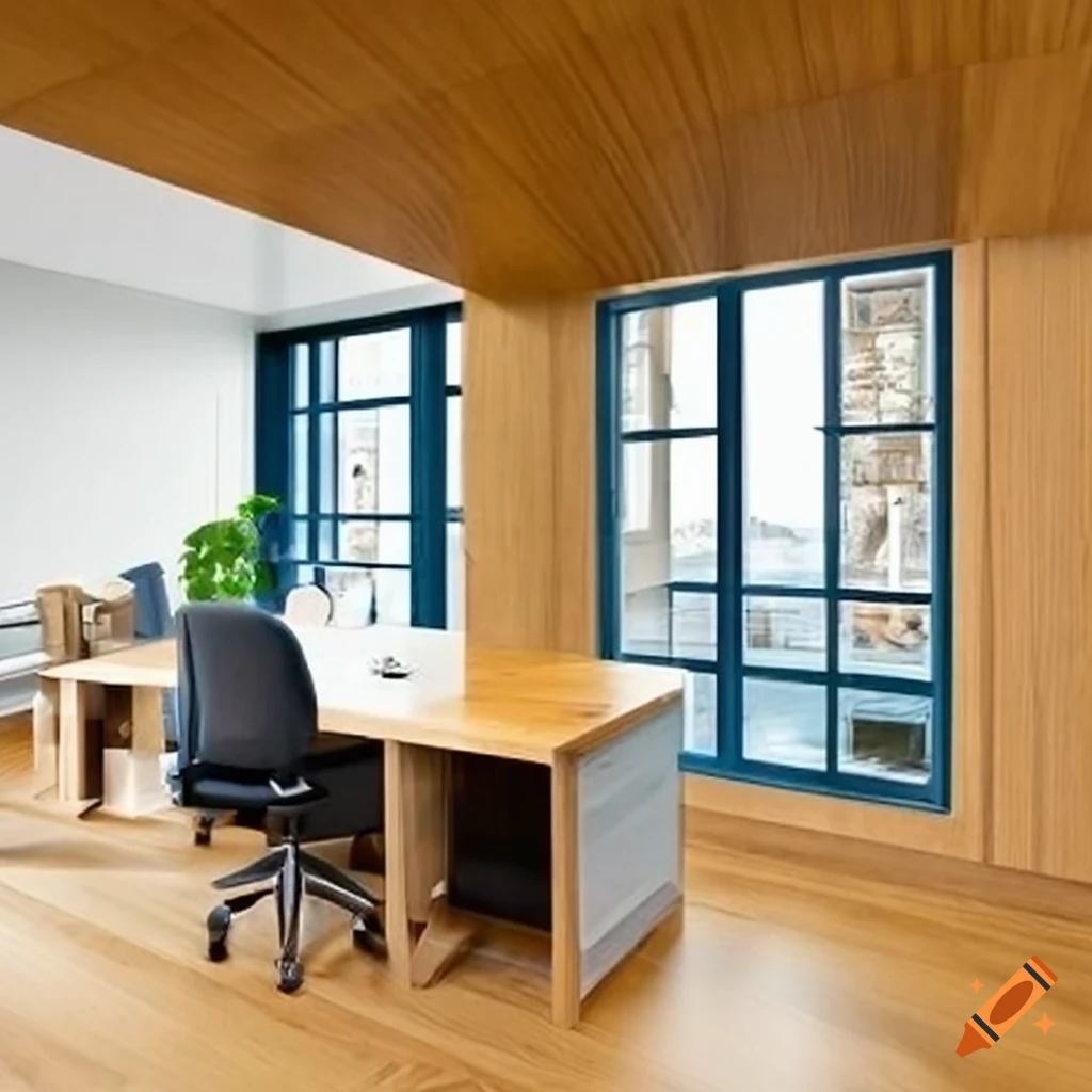 Office with oak wood flooring and windows, carrara marble desk, blue ...