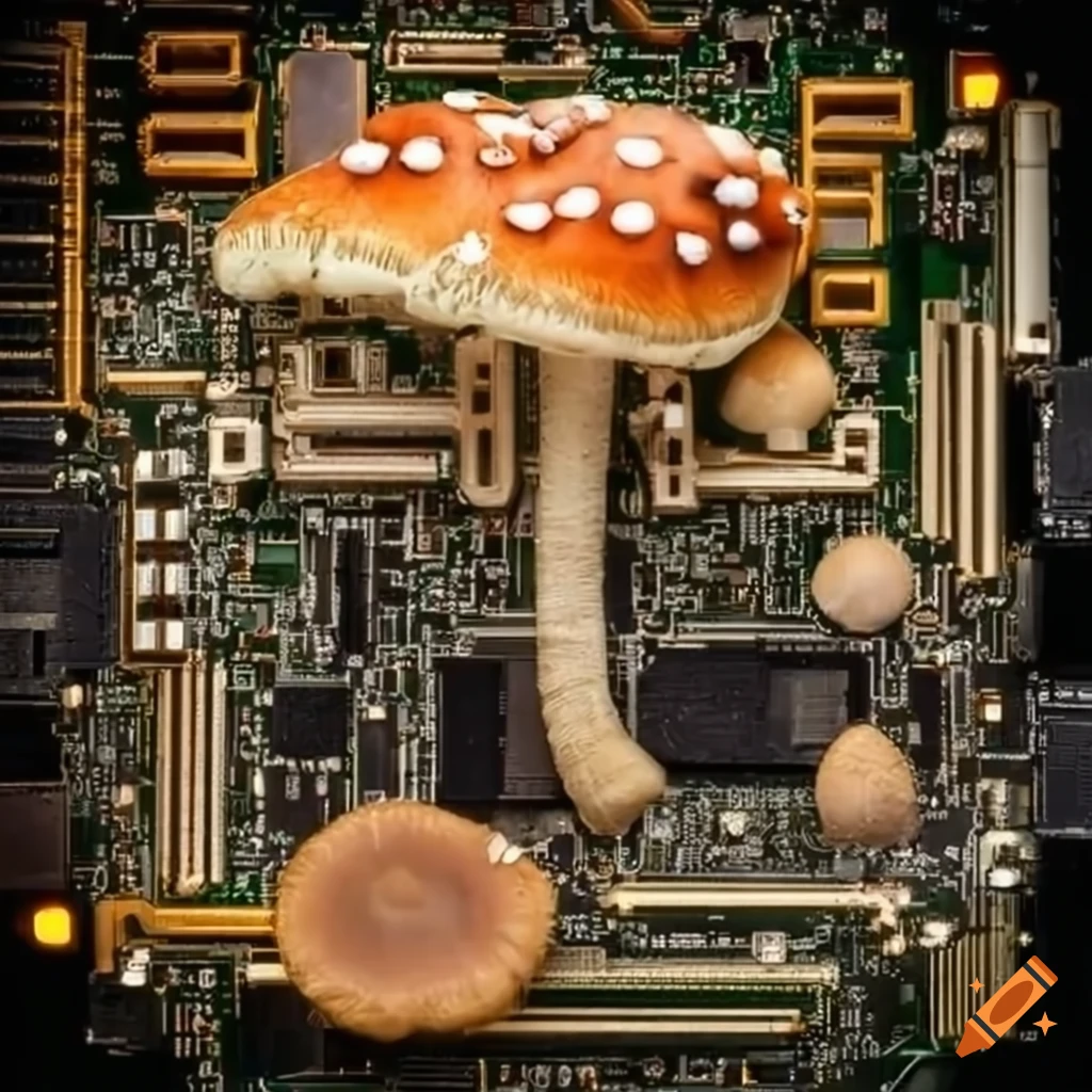 Biopunk mushroom motherboard with mushrooms growing out on Craiyon