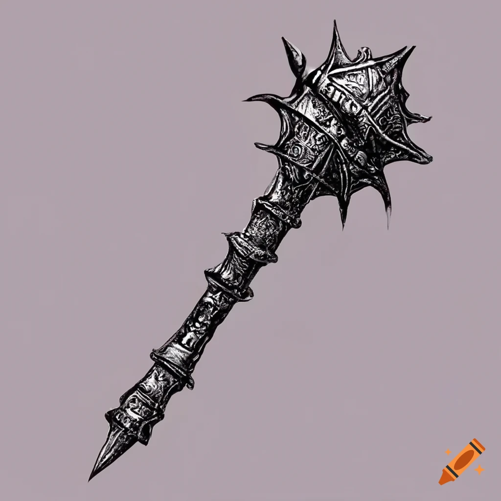 Ancient black mace with large swooping edges on Craiyon