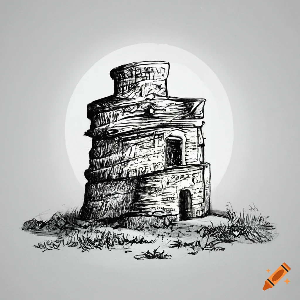 Pencil sketch of an unfinished stone tower with mason's tools on the ...