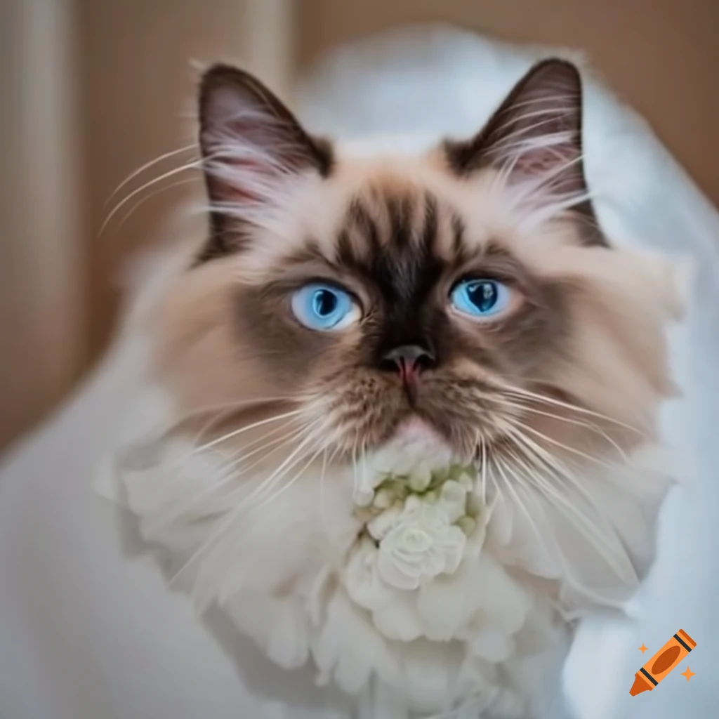 Fluffy ragdoll cat in a white wedding dress on Craiyon