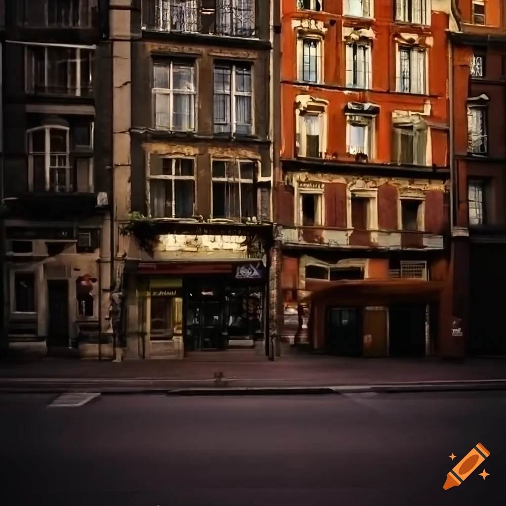 Front view of row of buildings with a flower shop displaying bouquets ...