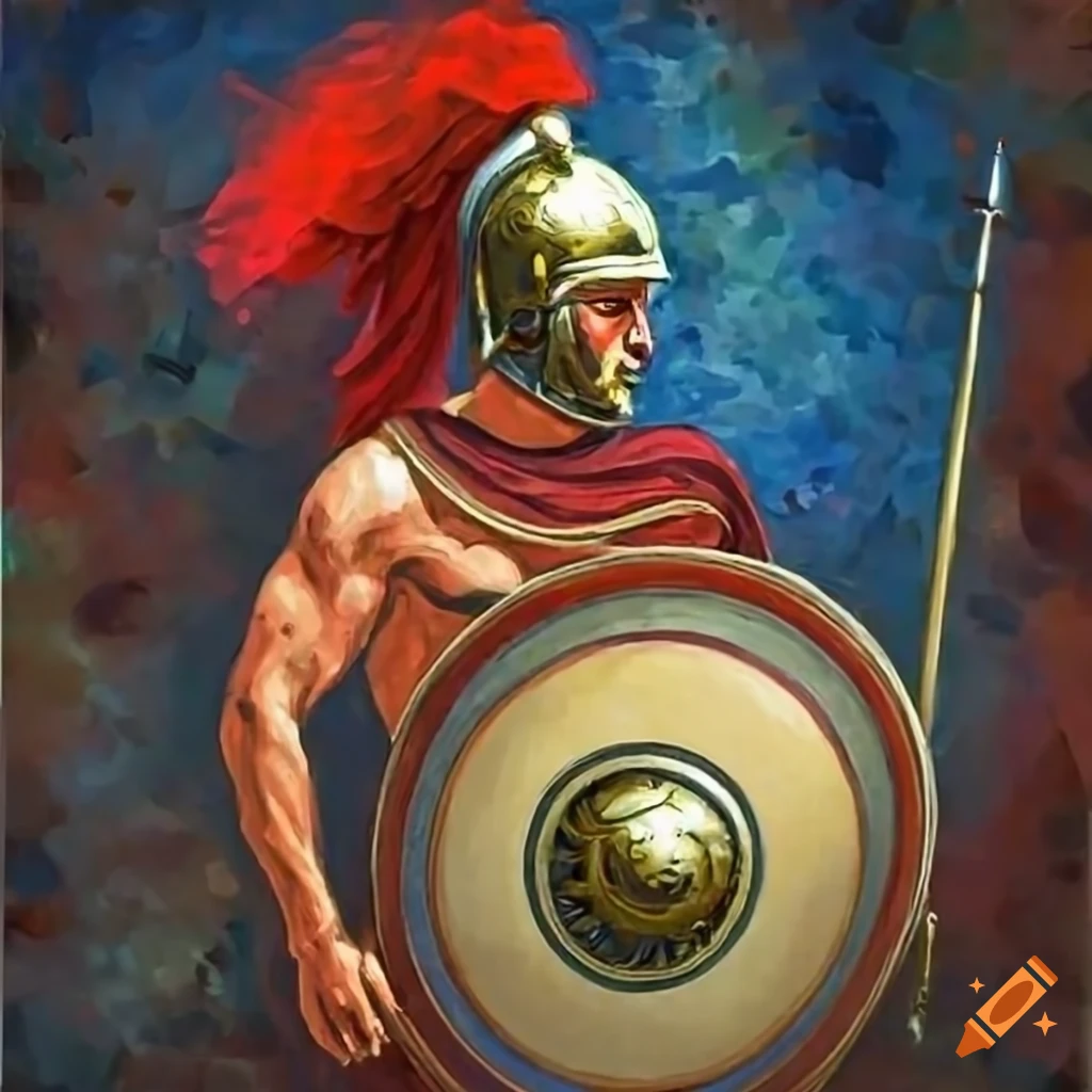 Illustration of ancient Greek hero Ajax with shield and spear on Craiyon