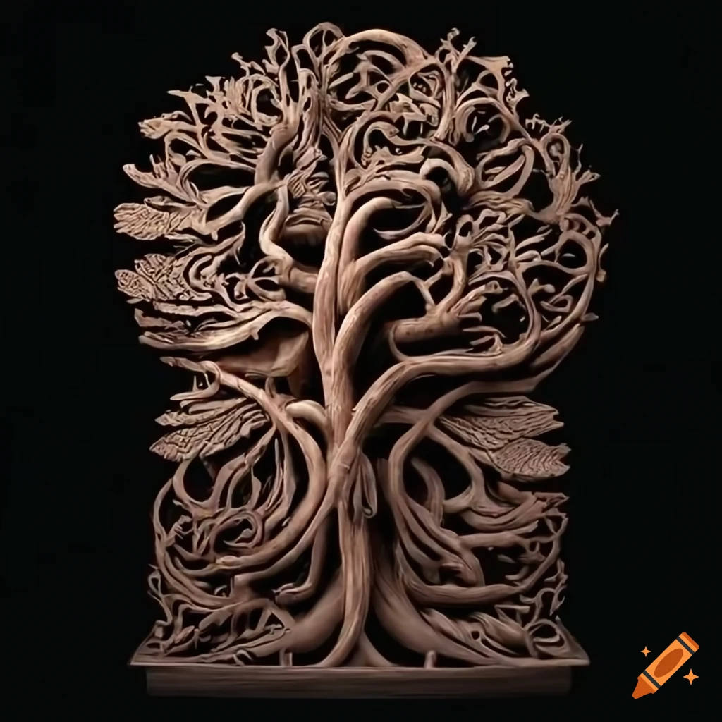 4k ultra-HD tree sculpture with lattice work in a dark wood setting on ...